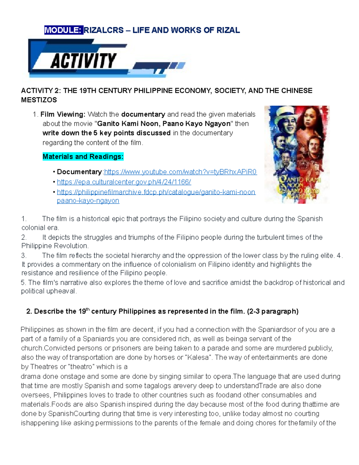 Olrizalcrs - Activity 2 Done - MODULE: RIZALCRS – LIFE AND WORKS OF ...