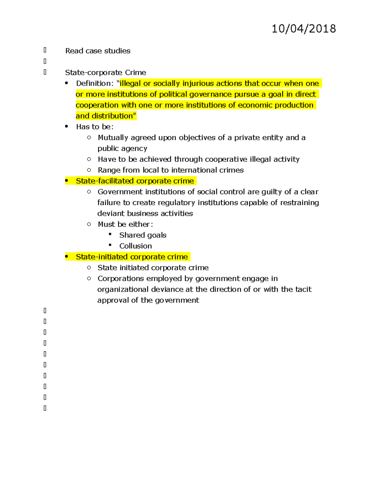 White Collar Crime notes 2 - 10/04/2018 Read case studies State ...