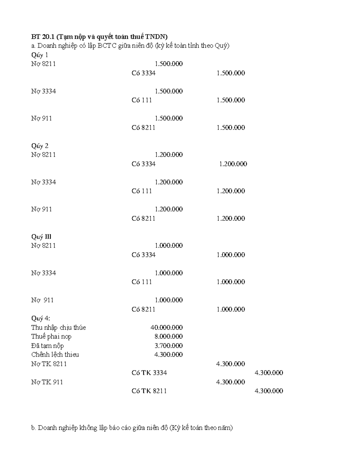 20.01 - Nhóm 7 - KTTC C20 BÀI TẬP 01 - BT 20 (Tạm nộp và quyết toán thuế TNDN) Nợ 8211 1. Có ...
