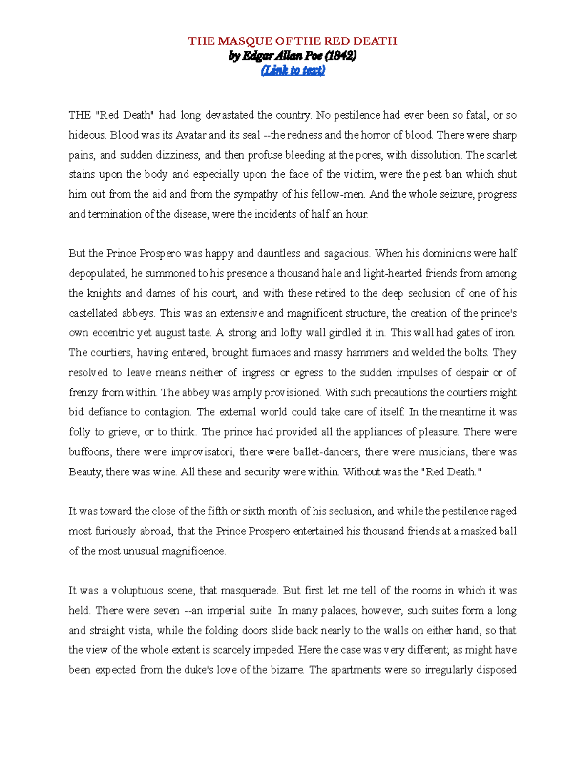 THE Masque OF THE RED Death - by Edgar Allan Poe (1842) (Link to text ...