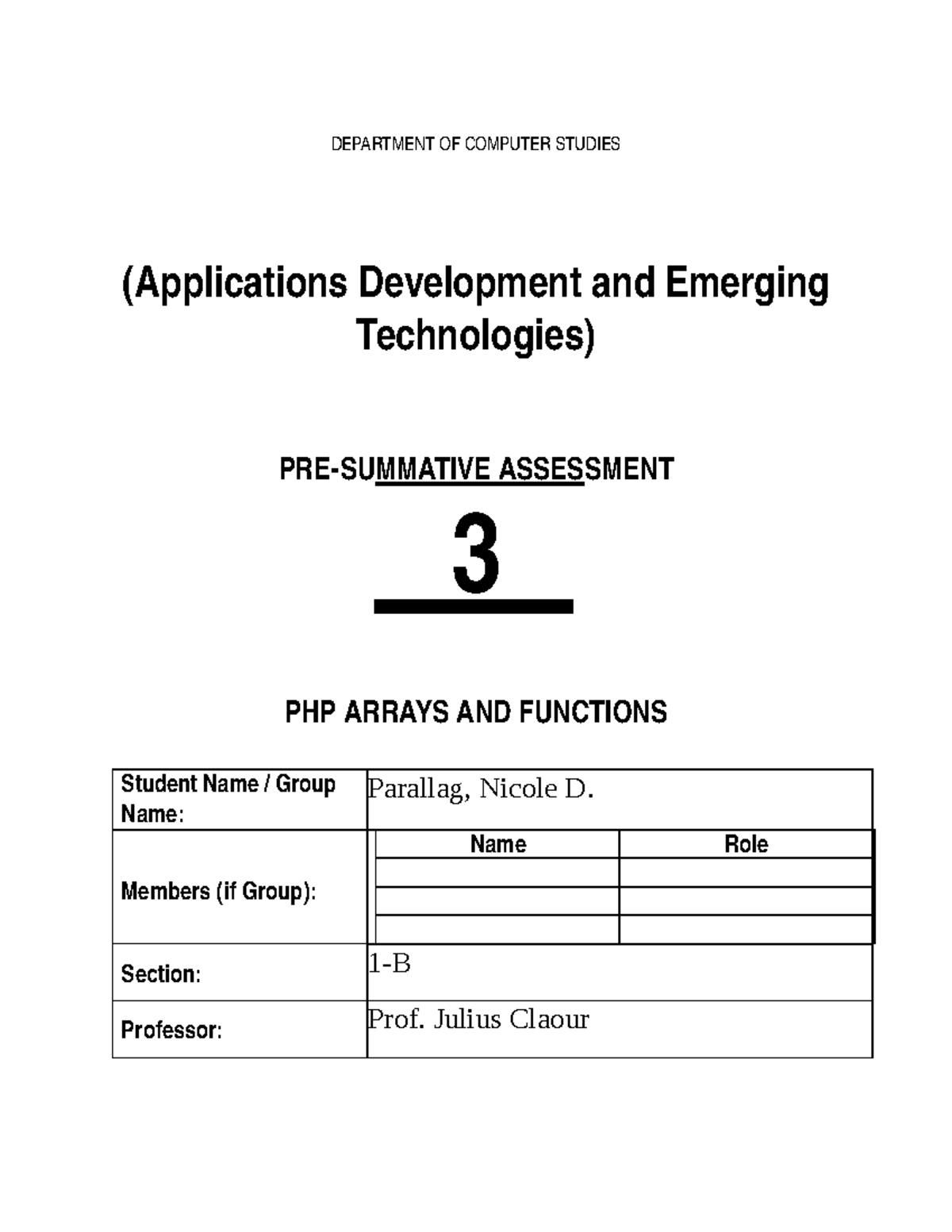 Parallag PSA3 Technical PHP Arrays and User Defined Functions 1 ...