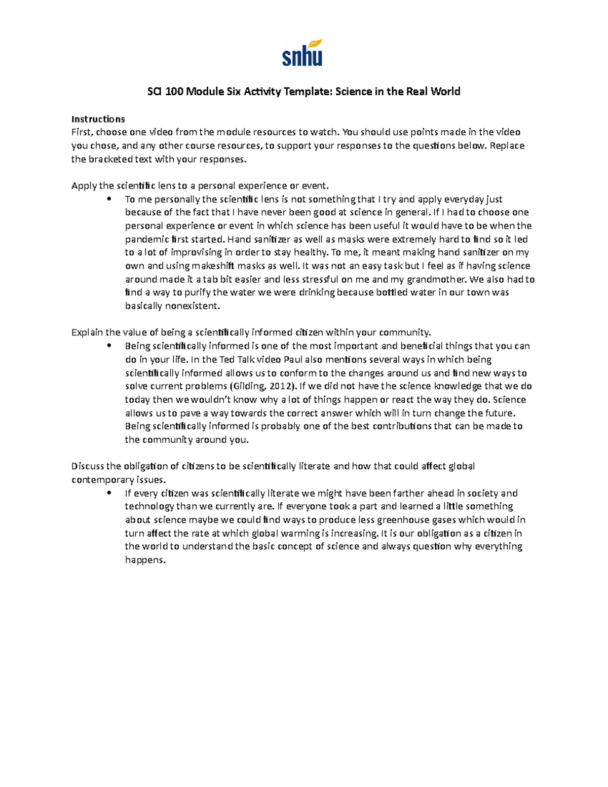 SCI 100 Module Six Activity Template - You should use points made in ...