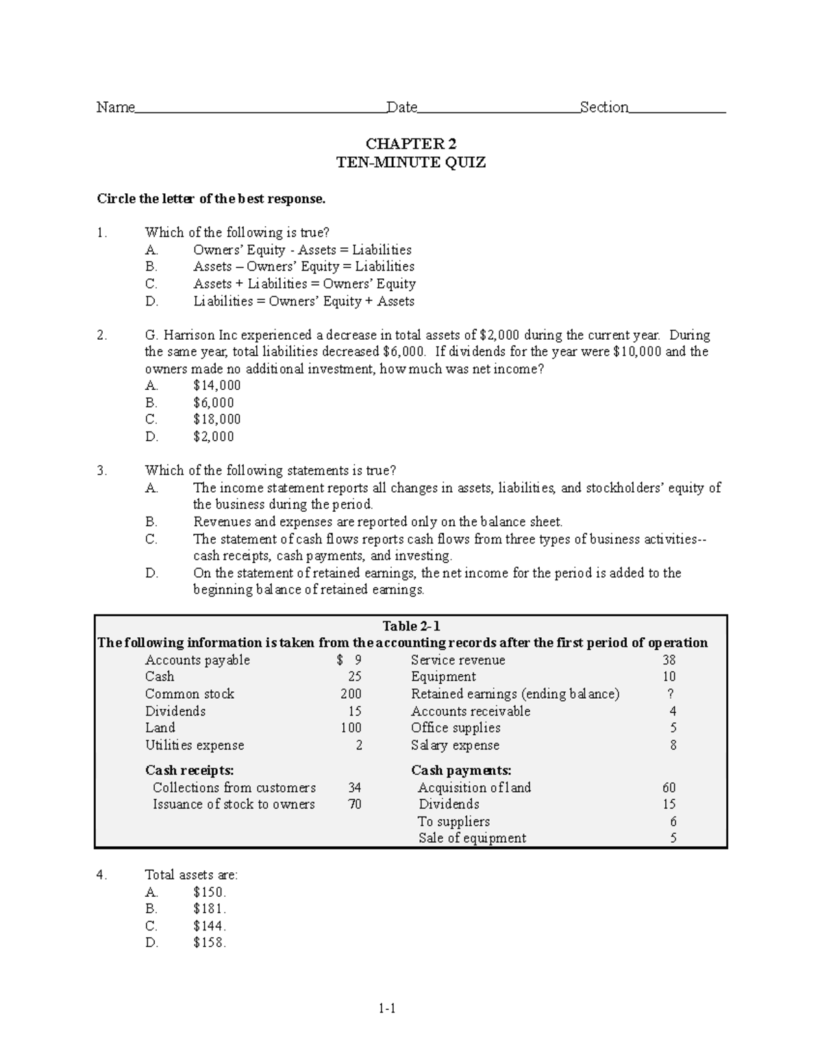 Ten-minute quiz (Chapter 2) - Name Date Section CHAPTER 2 TEN-MINUTE ...