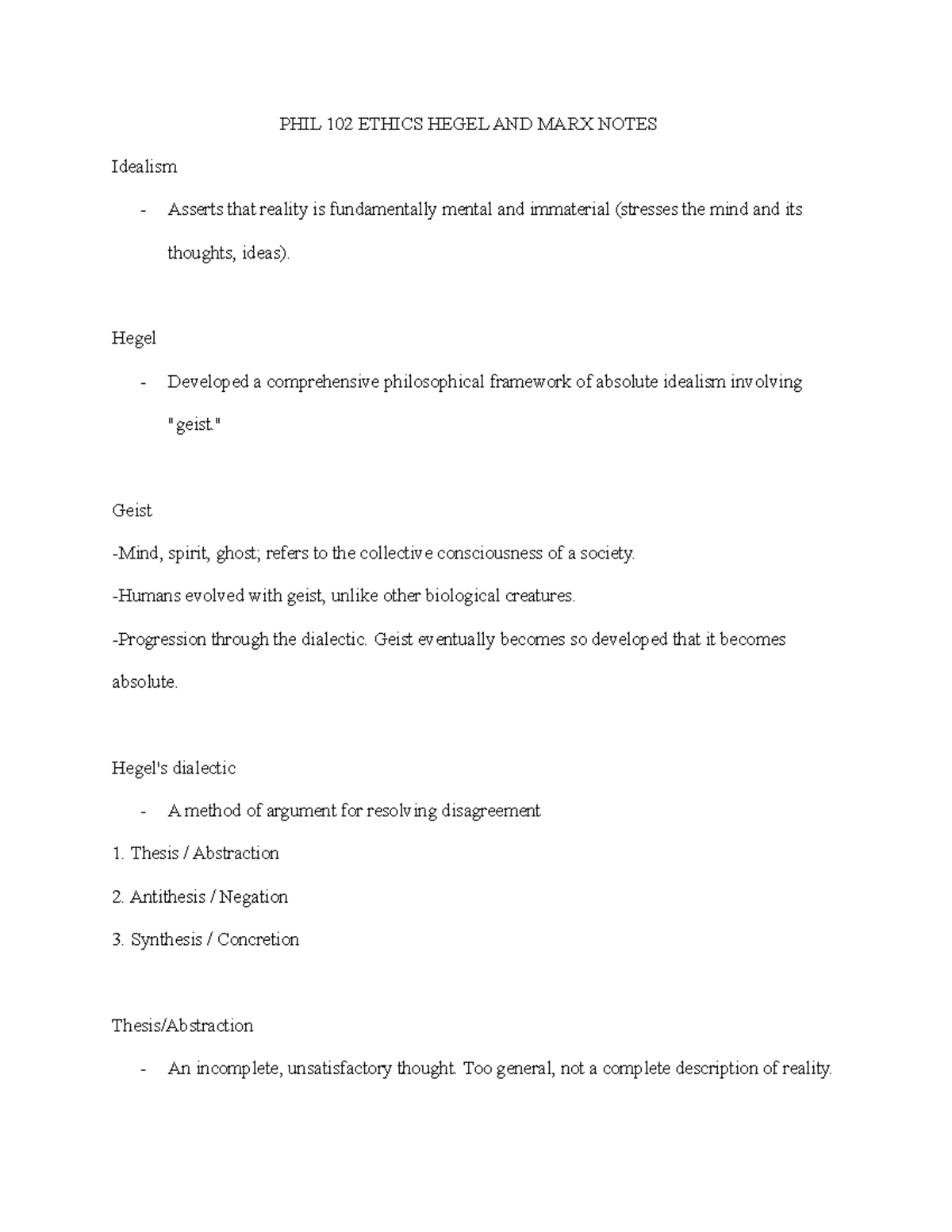 PHIL 102 Ethics Hegel AND MARX Notes - PHIL 102 ETHICS HEGEL AND MARX ...