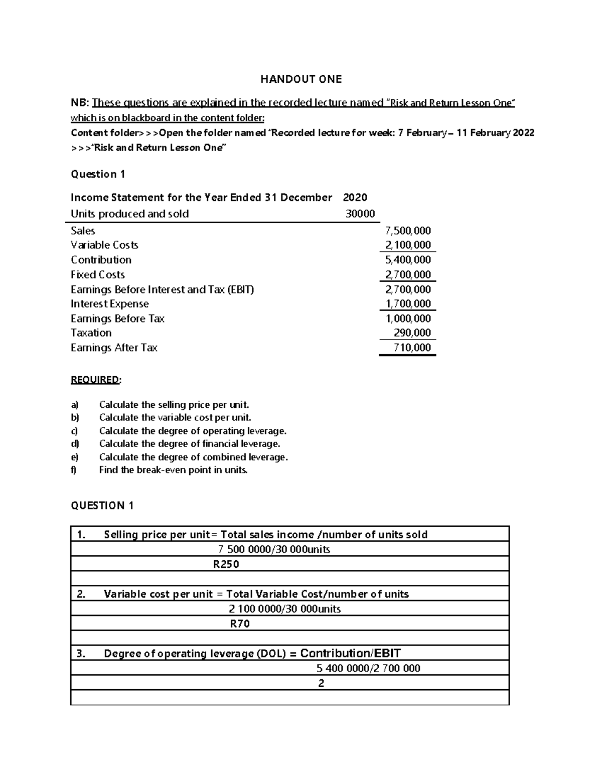 Handout ONE (2) - Practice - HANDOUT ONE NB: These questions are ...