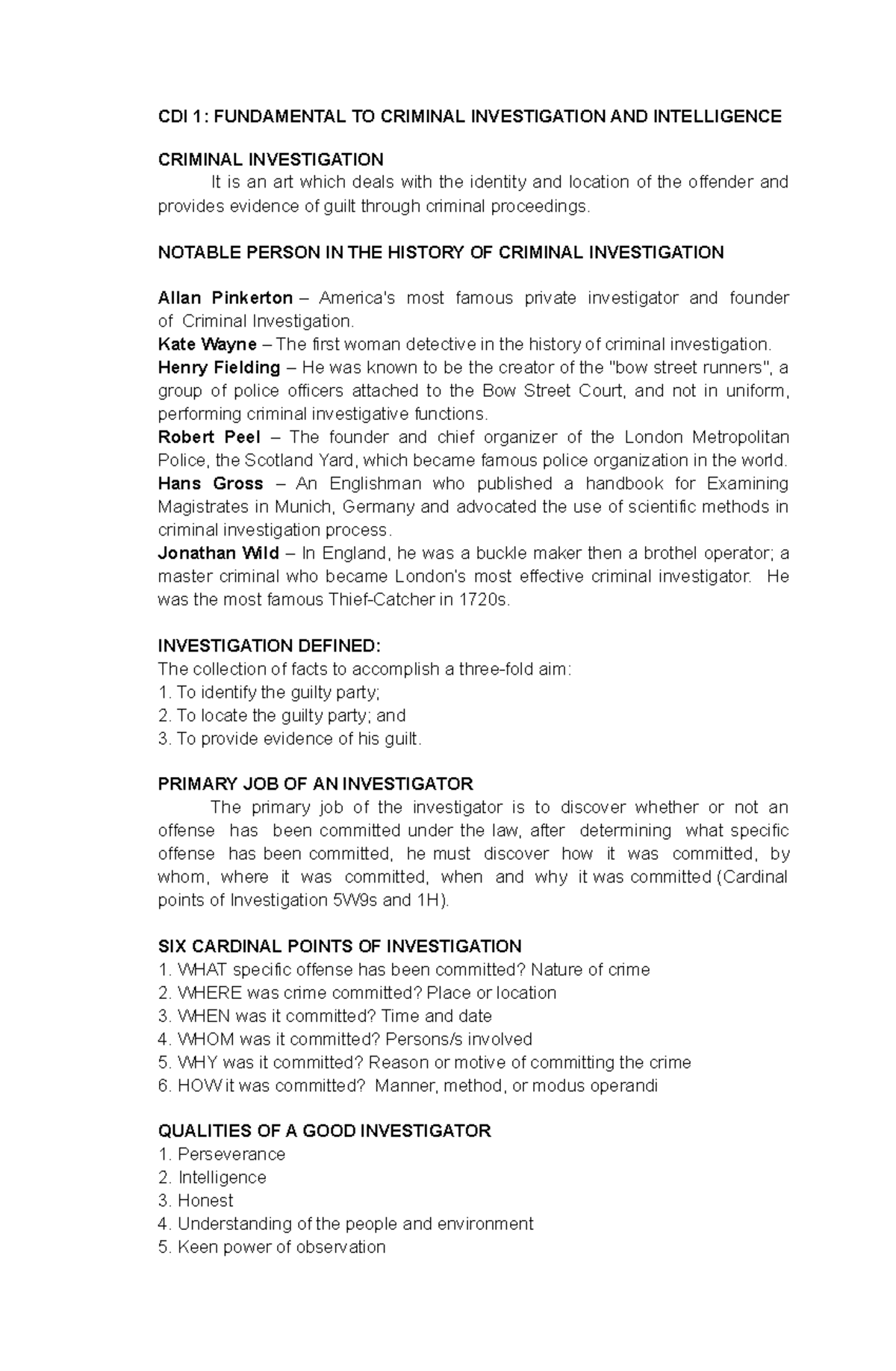 CDI 1 - Fund. Crim. - CDI 1: FUNDAMENTAL TO CRIMINAL INVESTIGATION AND ...