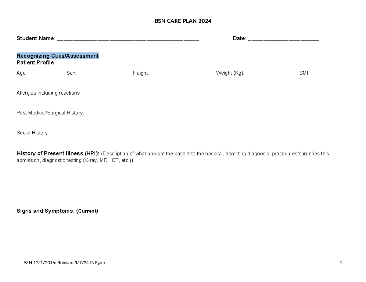 CDM Care Plan BSN 2024 Project - Student Name