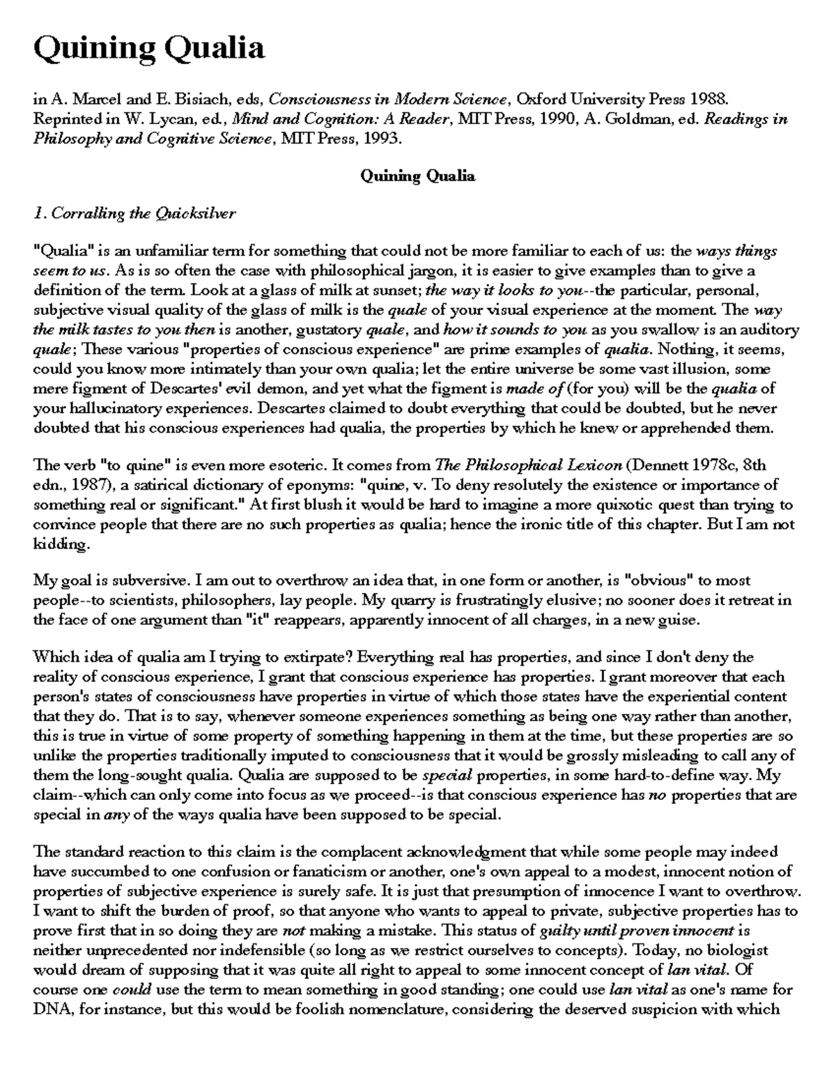 Dennett 1988 Quining Qualia - Quining Qualia in A. Marcel and E ...