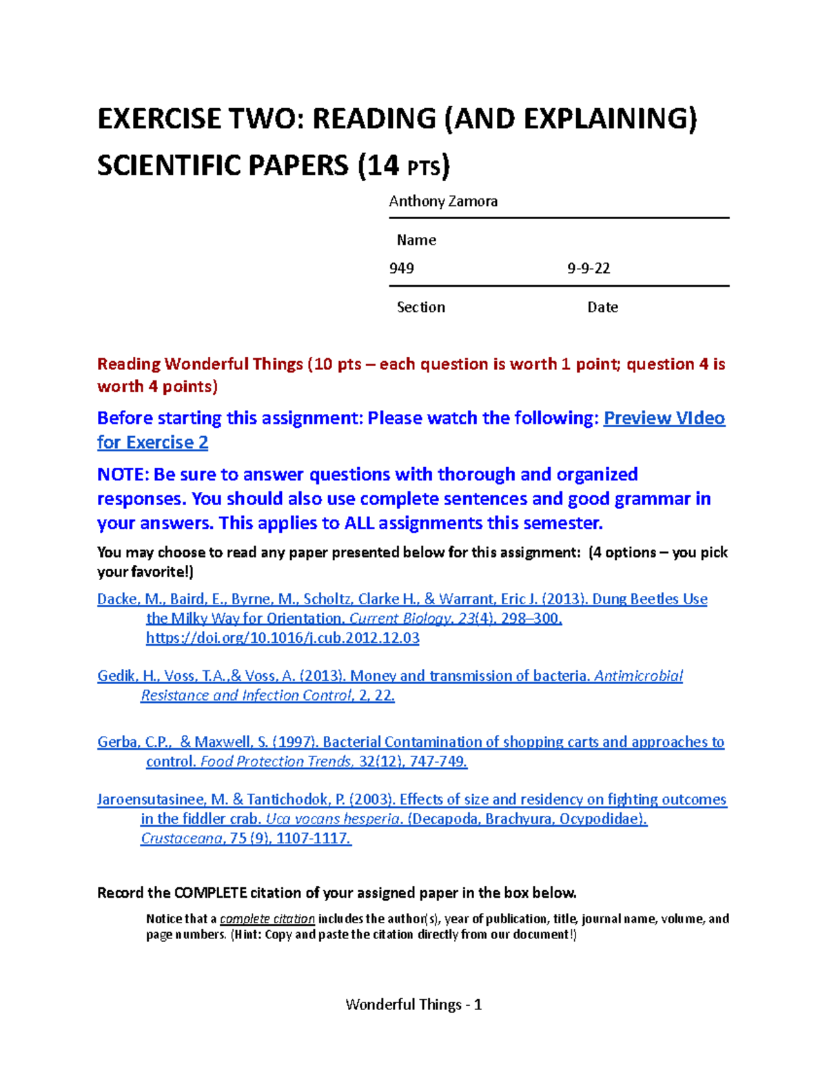 Exercise Two Scientific Papers Worksheet Assignment - EXERCISE TWO: READING (AND EXPLAINING ...