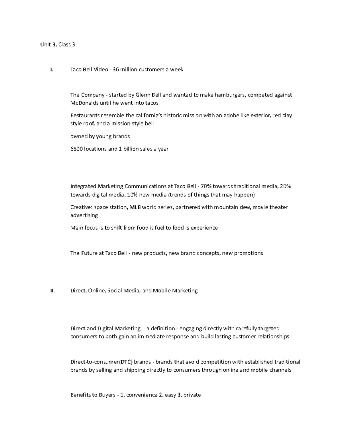Unit 3, Class 3.docx - Google Docs - Unit 3, Class 3 I. Taco Bell Video ...
