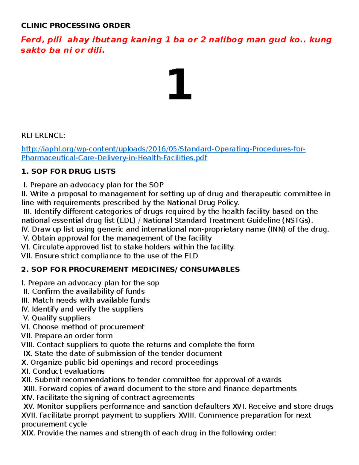 Clinic Processing Order jannie - BS Pharmacy - UZ - Studocu