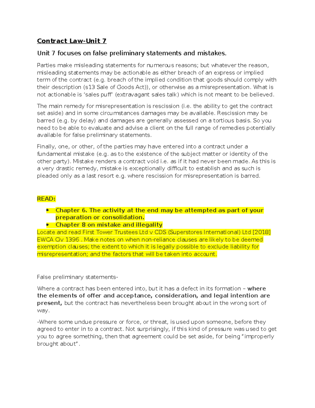 Contract Law - Contract Law-Unit 7 Unit 7 focuses on false preliminary ...