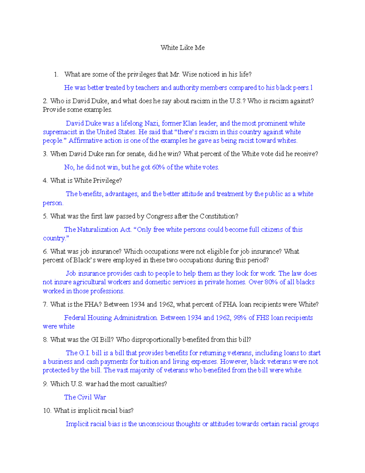 White Like Me Lab - White Like Me What are some of the privileges that ...