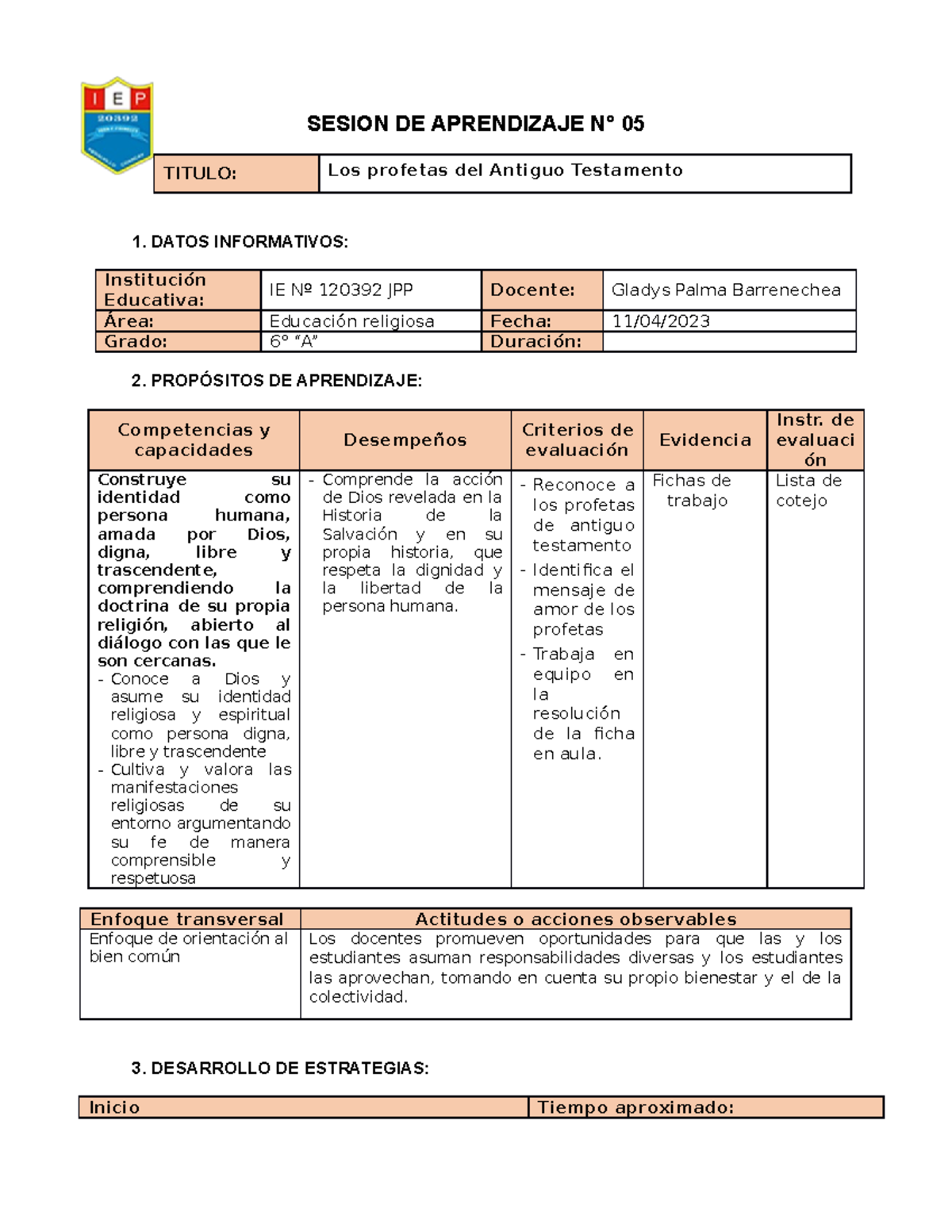 Sesion DE Religión 11-4-23 - SESION DE APRENDIZAJE N° 05 TITULO: Los profetas del Antiguo ...