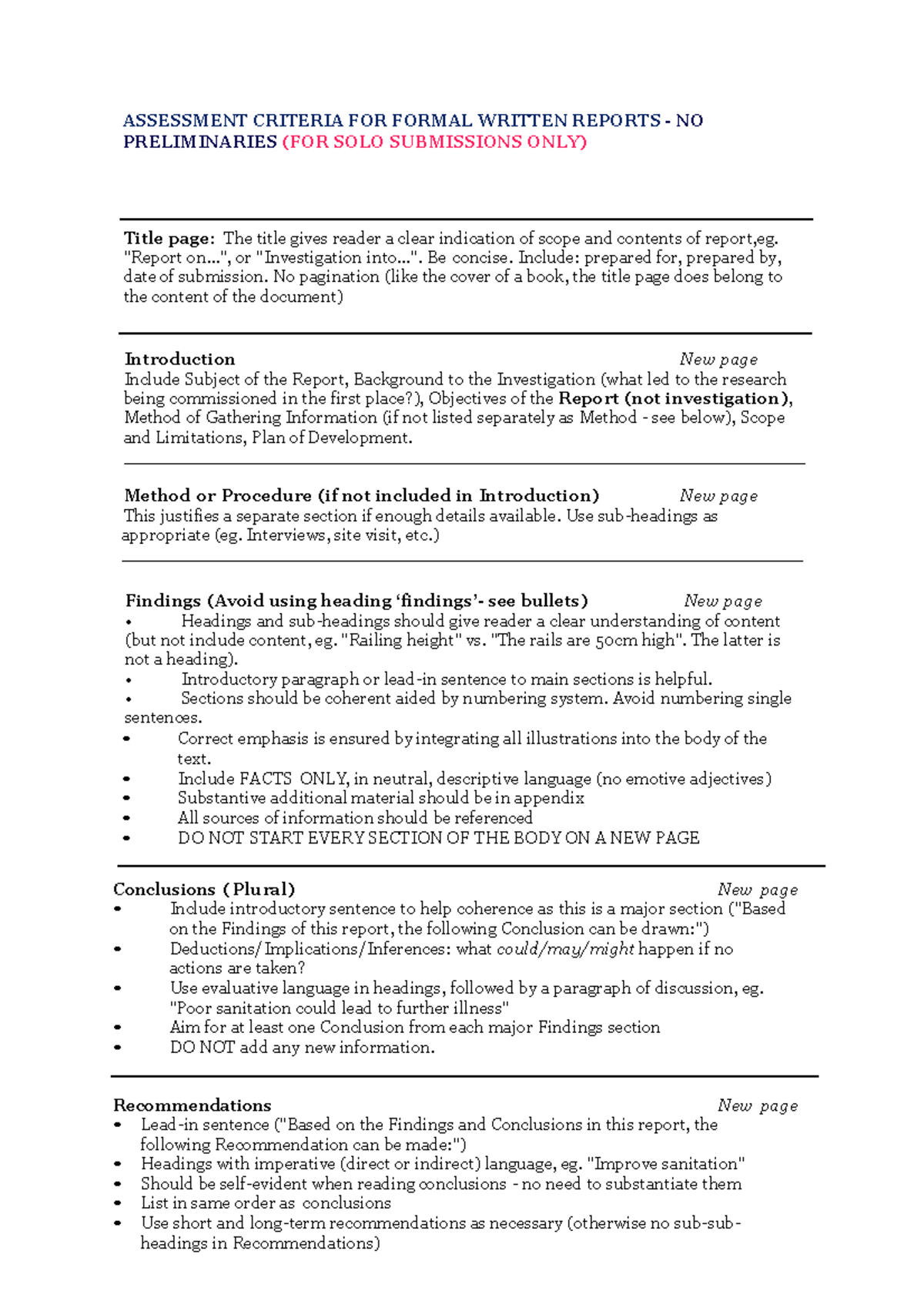 Assessment Criteria for Written Reports - NO Preliminaries - ASSESSMENT ...
