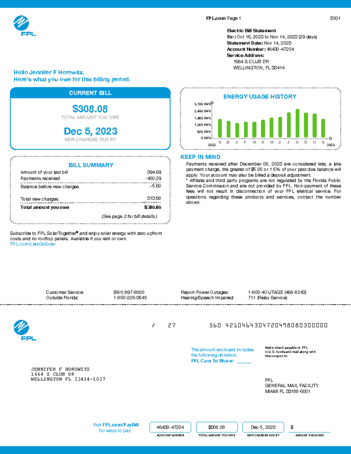 FPL POR - yum yum, yum - CURRENT BILL $308. TOTAL AMOUNT YOU OWE Dec 5 ...