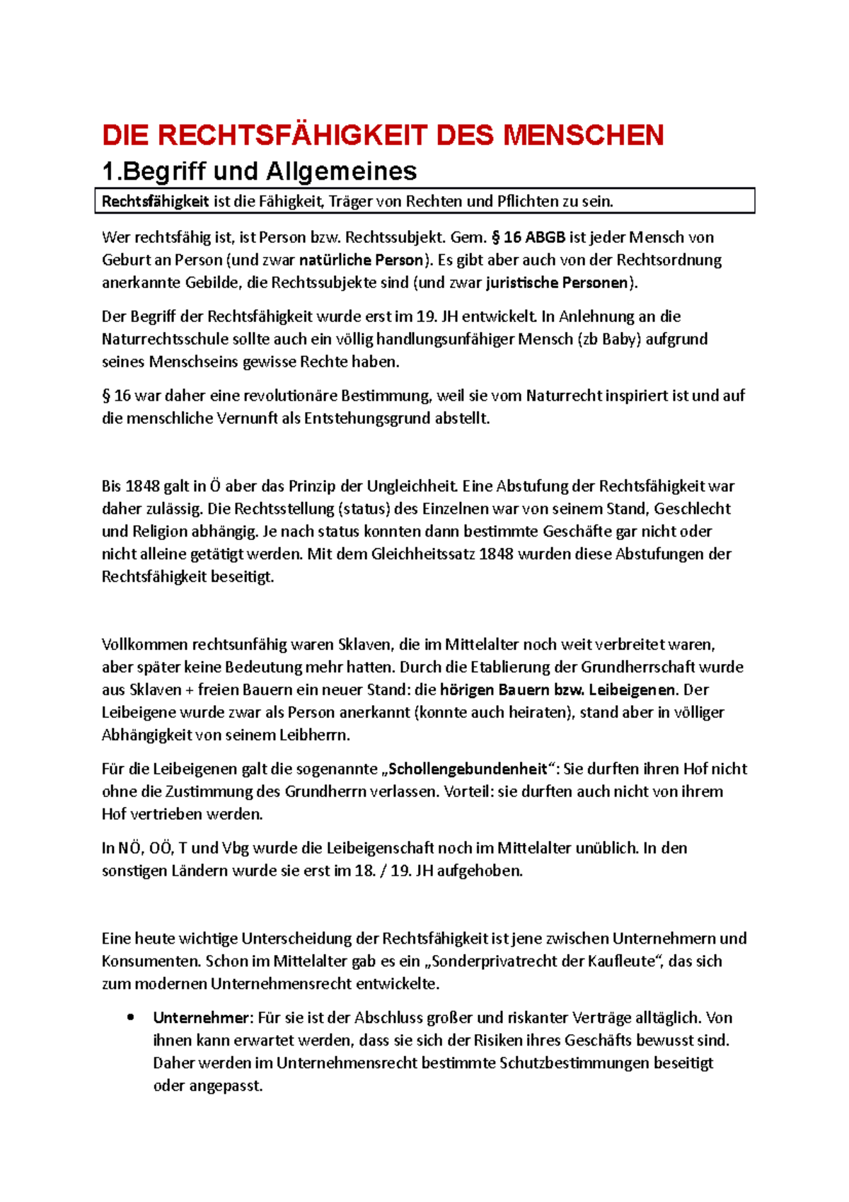 Personenrecht - Ausführliche Zusammenfassung - Rechtsgeschichte ...