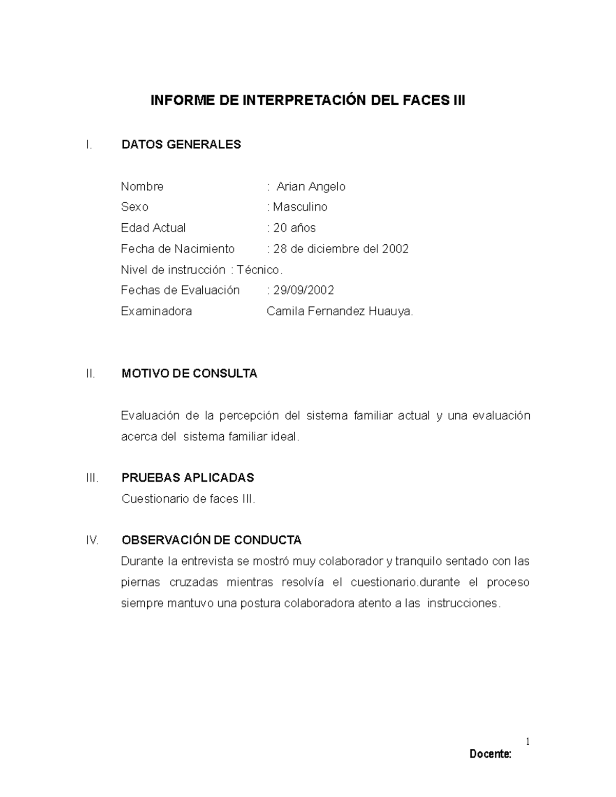 TEST Faces - otros - INFORME DE INTERPRETACIÓN DEL FACES III I. DATOS ...