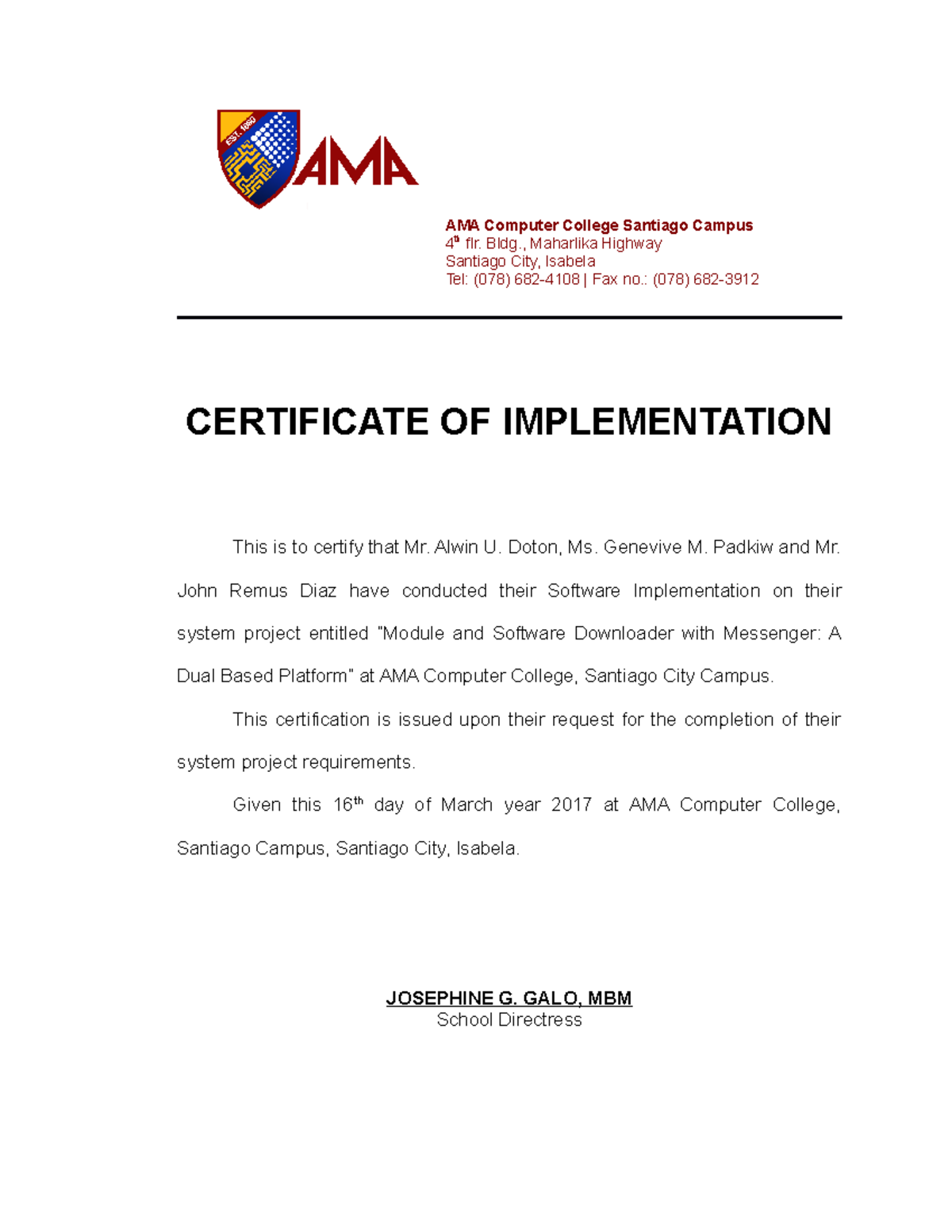 B - Certificate of Implementation Appendix For thesis - AMA Computer ...