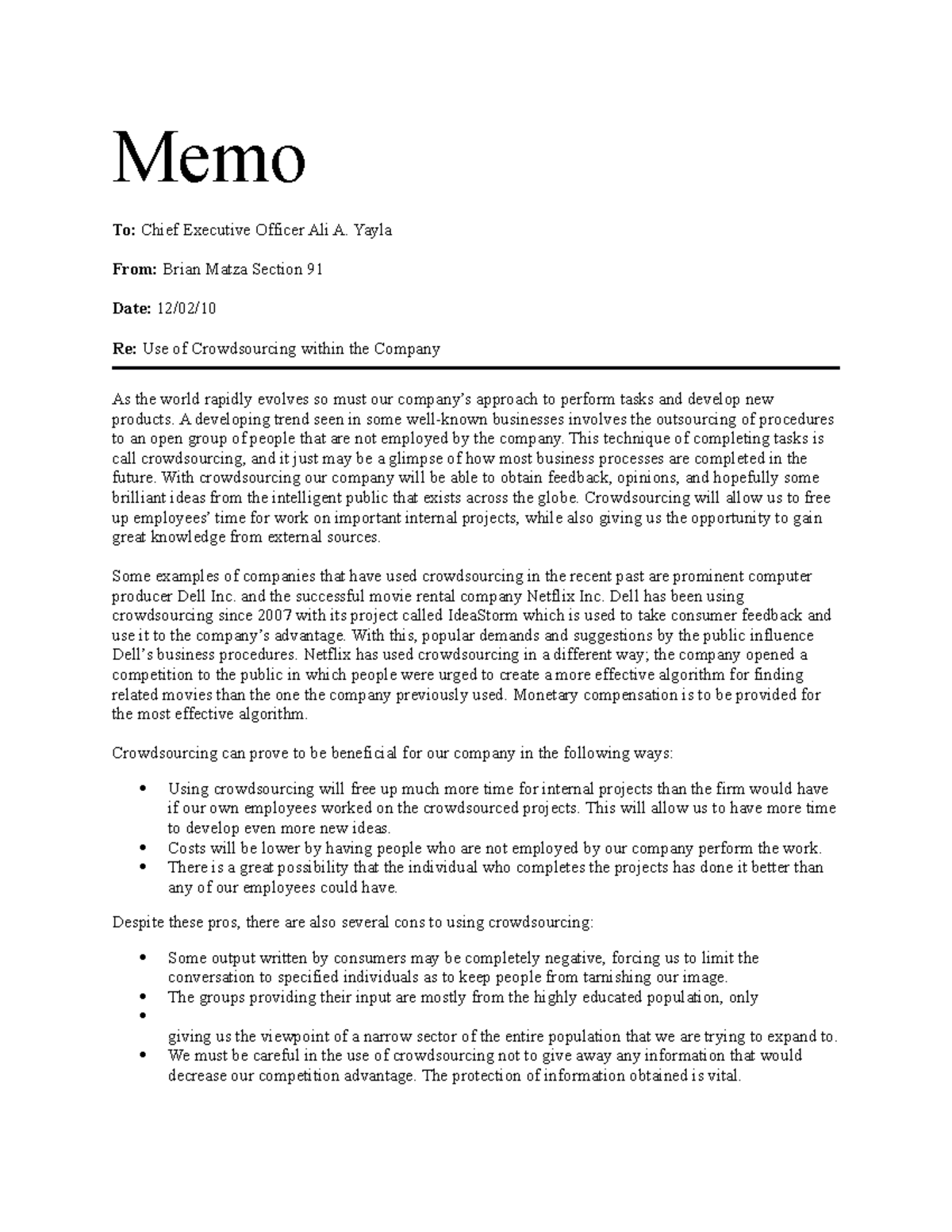Assignment 9 - Memo To: Chief Executive Officer Ali A. Yayla From ...