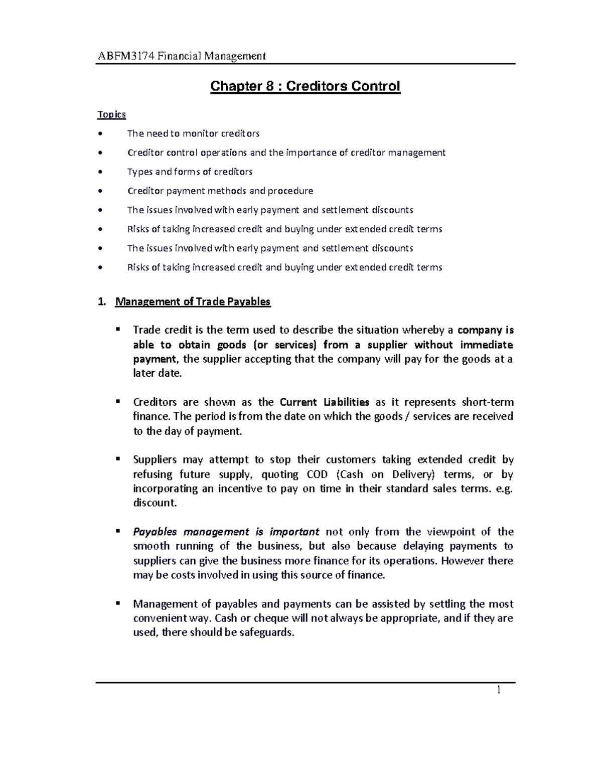 Chapter 8 - Creditor Control - Chapter 8 : Creditors Control Topics The ...
