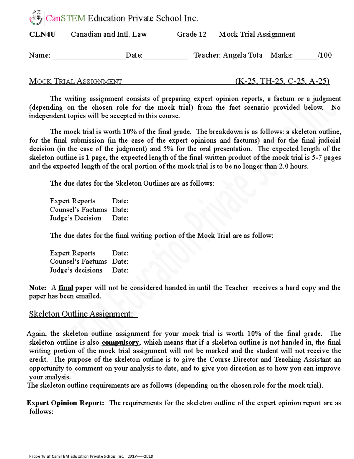 CLN4U Mock Trial Assignment - CLN4U Canadian and Intl. Law Grade 12 ...