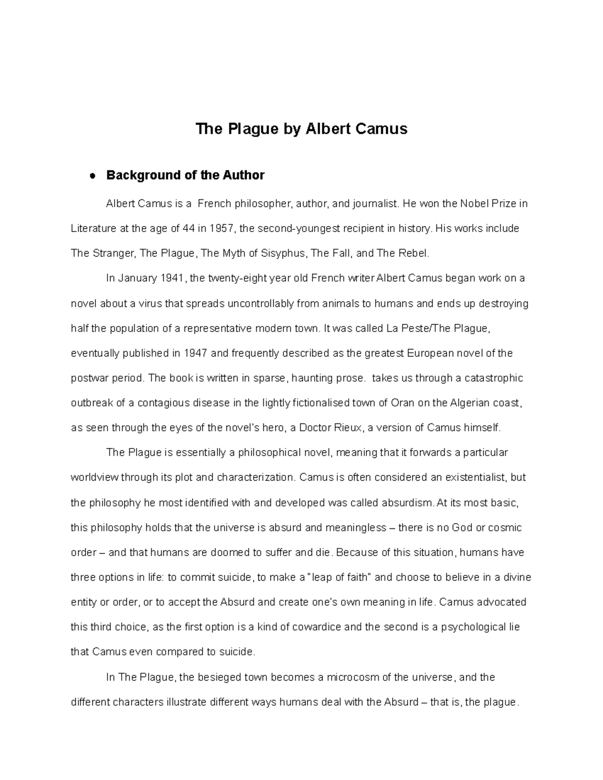 The Plague - Lecture notes 1-14 - Mechanical engineering - Studocu