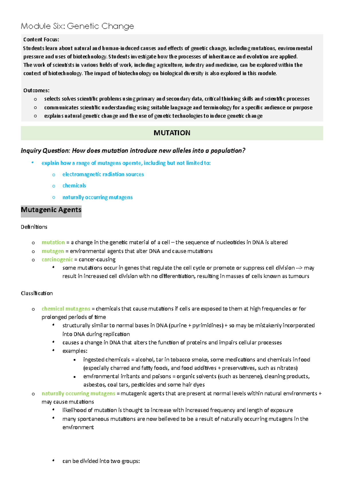 Y12 Bio Mod 6 Notes 2 - Module Six: Genetic Change Inquiry Ques,on: How ...