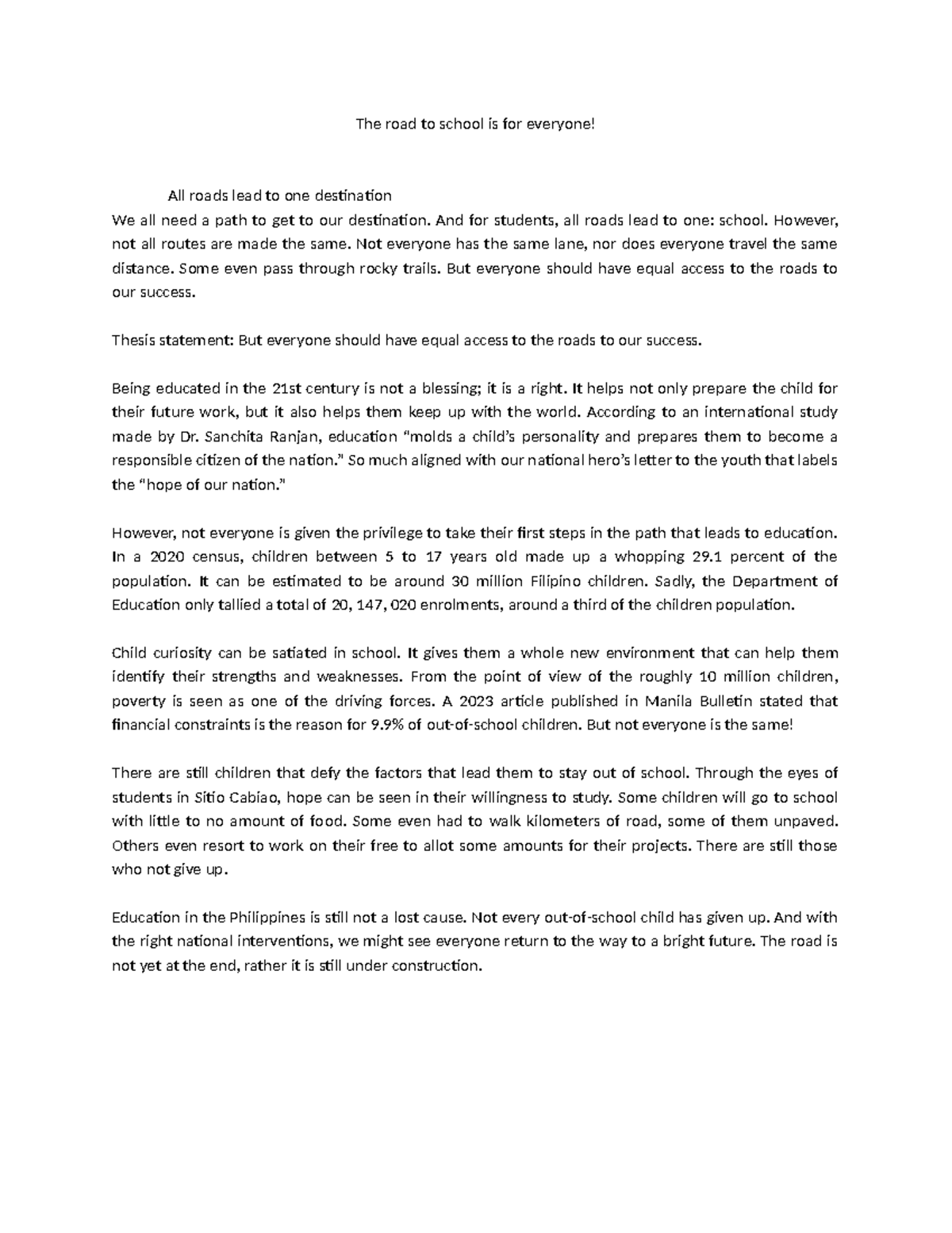 Argumentative Essay Jenny Rose doc - The road to school is for everyone ...