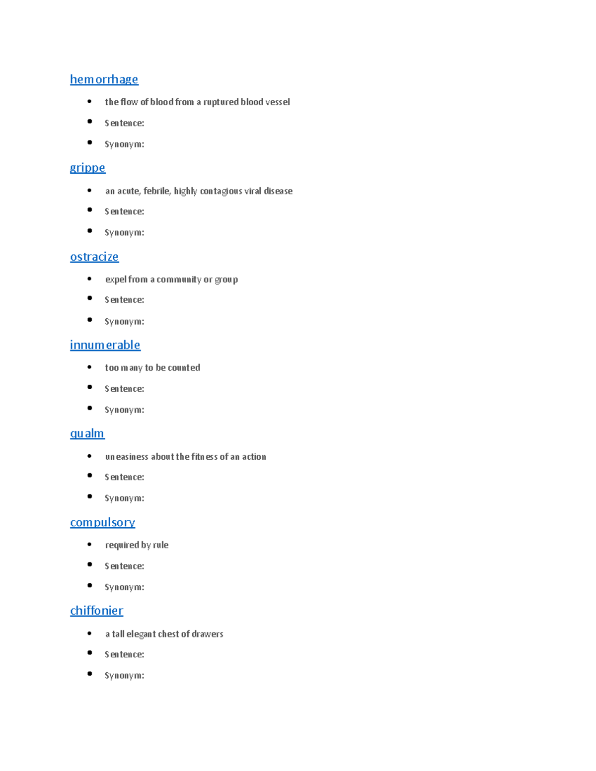 Catcher Vocab Unit Sentences - hemorrhage the flow of blood from a ...