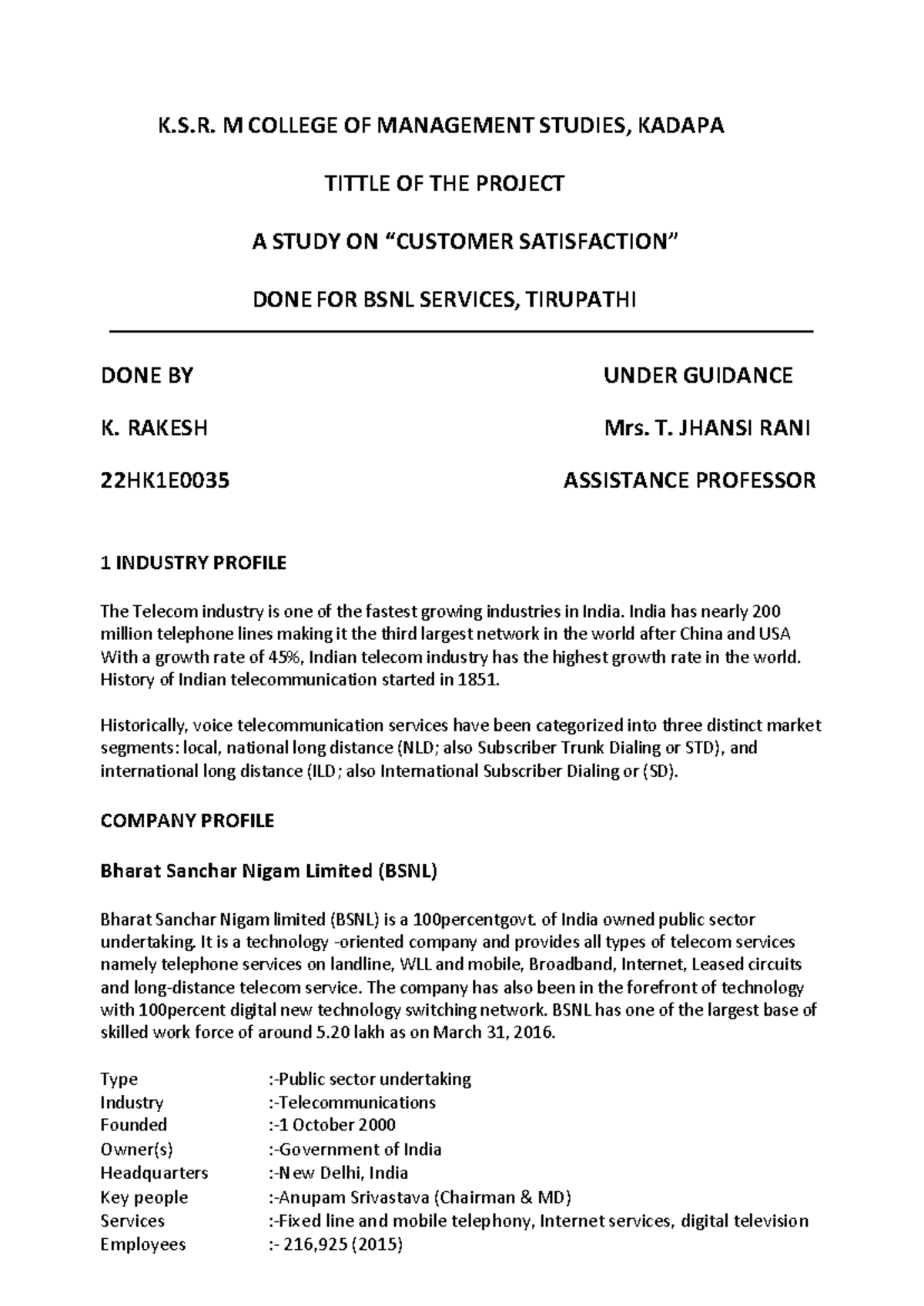 Rakesh project pdf - fresher - K.S. M COLLEGE OF MANAGEMENT STUDIES, KADAPA TITTLE OF THE ...