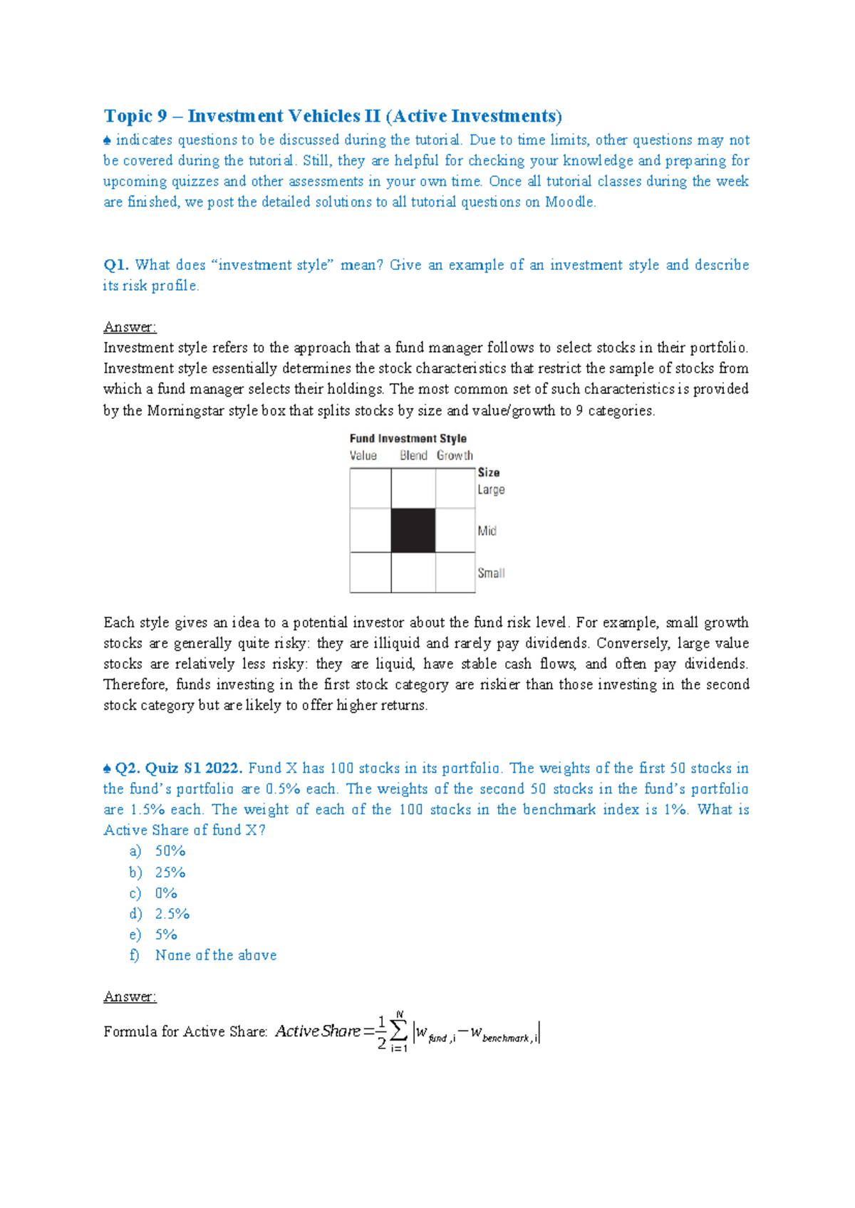 Tute 9 Ans - Tutorial 9 answers - Topic 9 – Investment Vehicles II ...