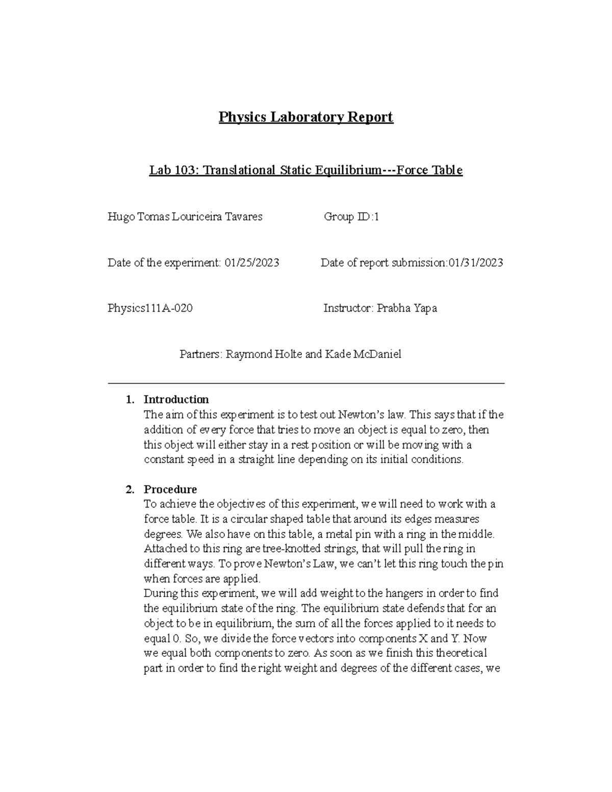 Physics Laboratory Report 103 - Physics Laboratory Report Lab 103 ...