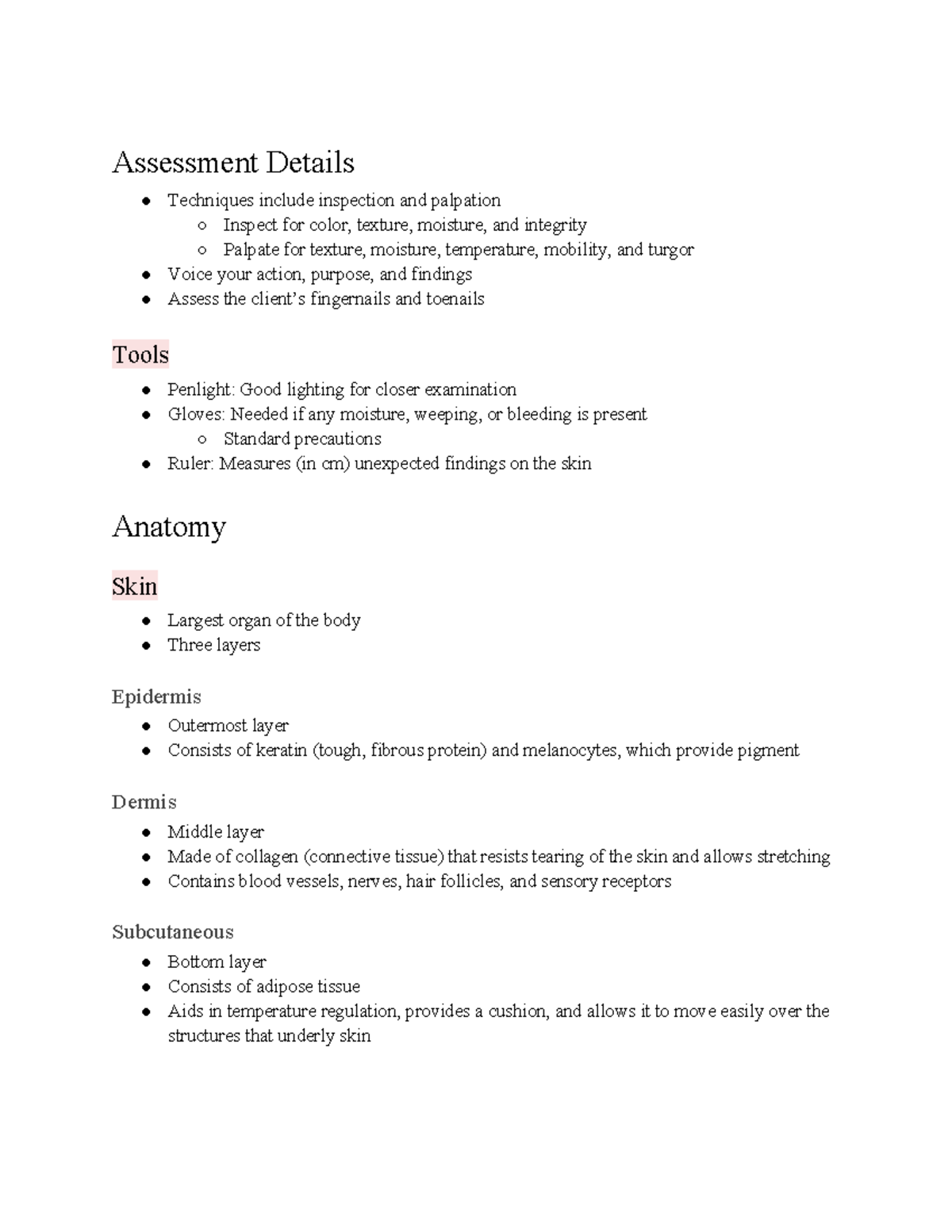 UVA NUCO 2330 - Skin and Integumentary System - Assessment Details ...