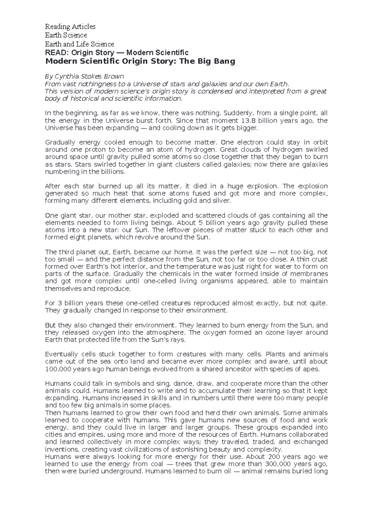 Reading article - Earth Science Earth and Life Science READ: Origin ...