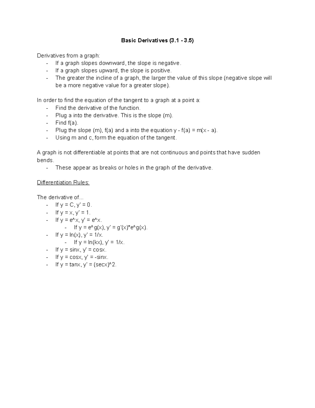 Calculus (MA123) Derivatives Notes - Basic Derivatives (3 - 3 ...