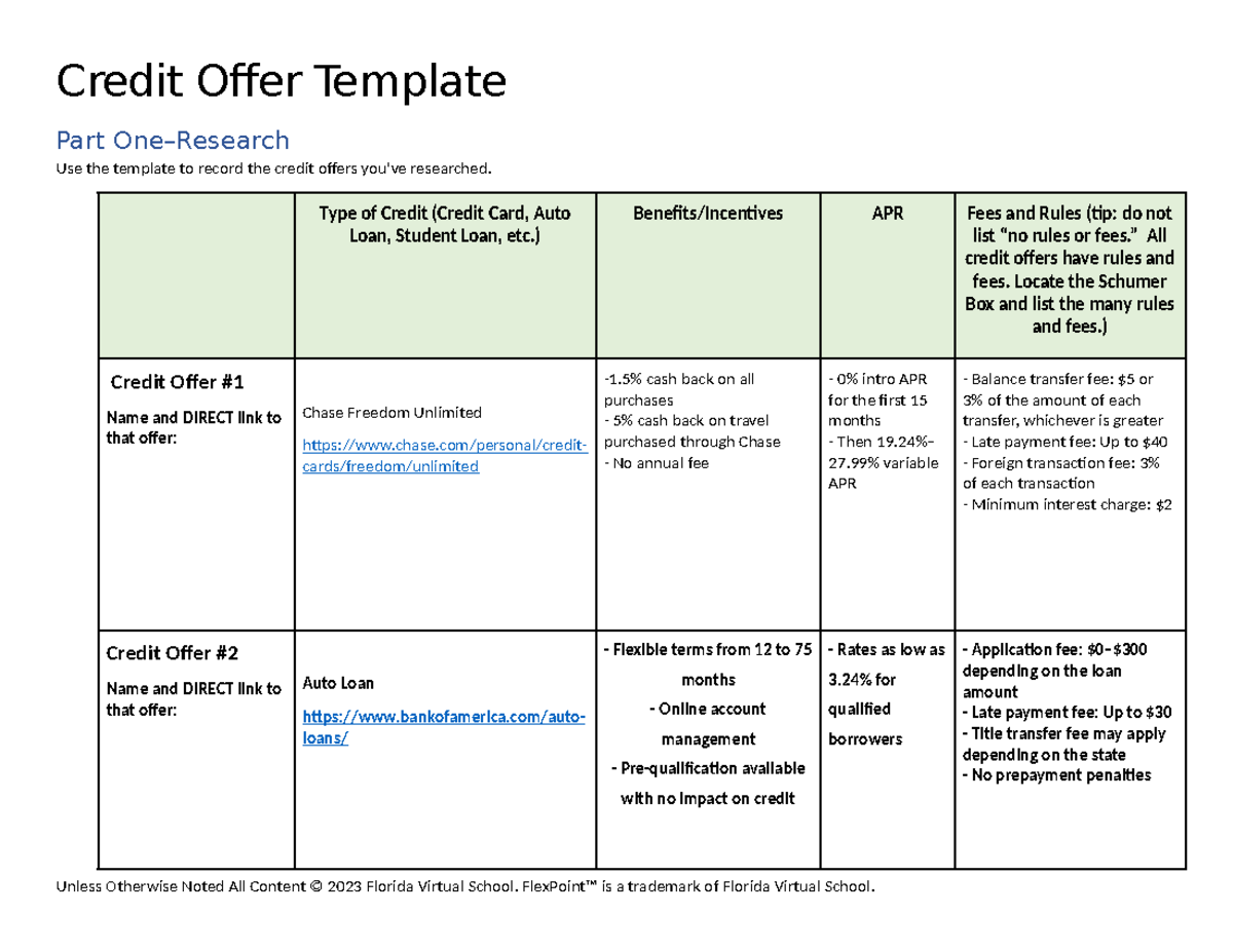 3.04 credit offer - Credit Offer Template Part One–Research Use the ...