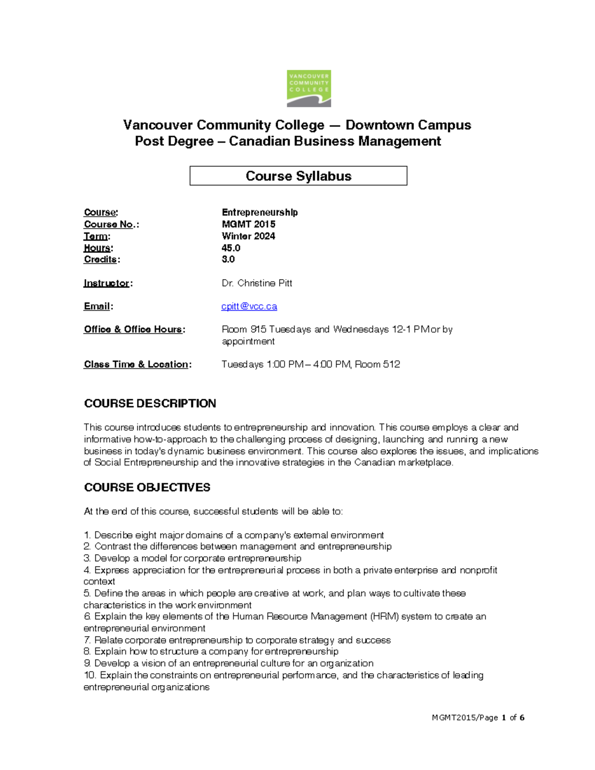 Entrepreneurship Syllabus Winter 2024 17A - Vancouver Community College ...