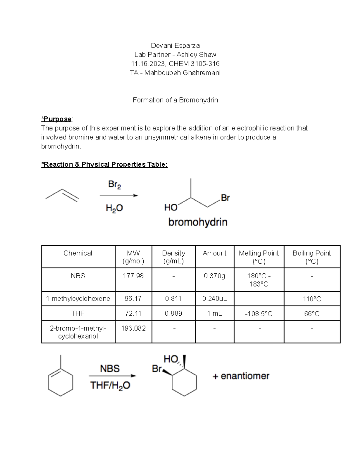 Lab 11 Formation of a Bromohydrin - Google Docs - Devani Esparza Lab ...