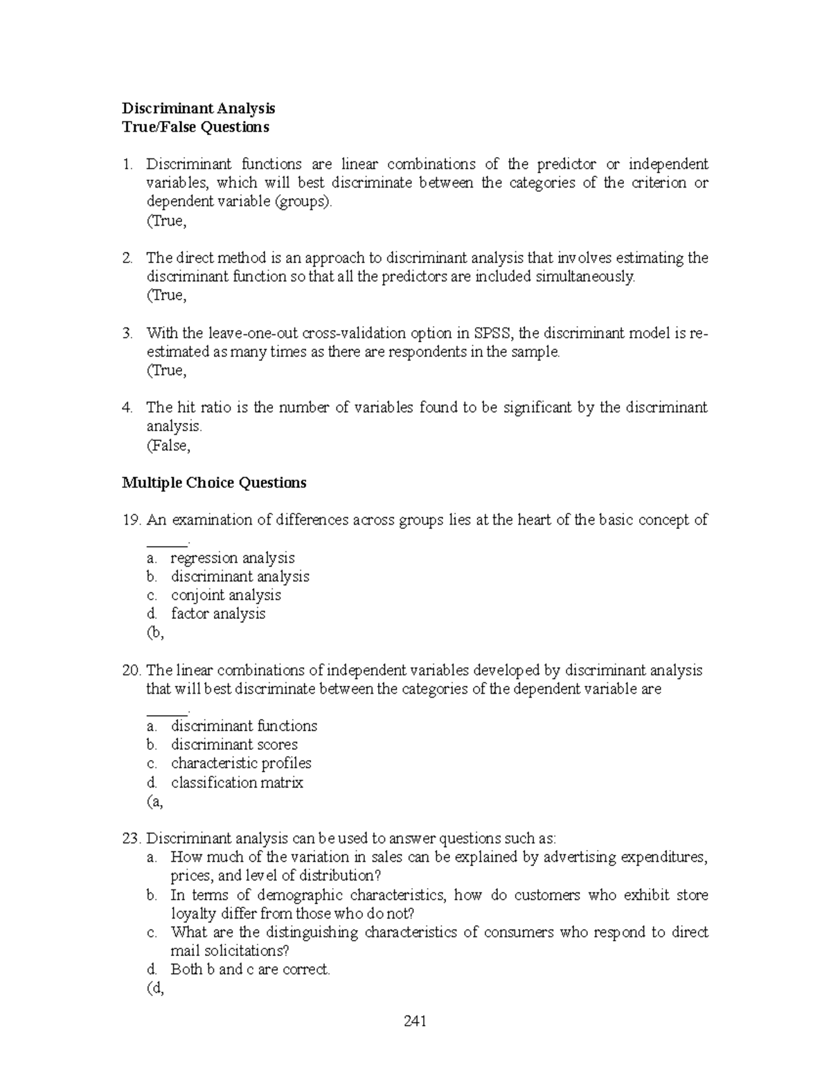 Discrim An Exam - dfsd - Discriminant Analysis True/False Questions ...