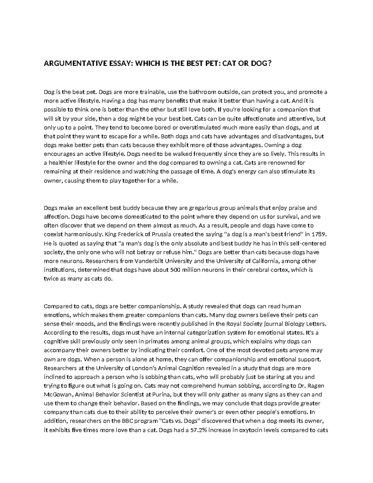 Argumentative Essay - ARGUMENTATIVE ESSAY: WHICH IS THE BEST PET: CAT ...