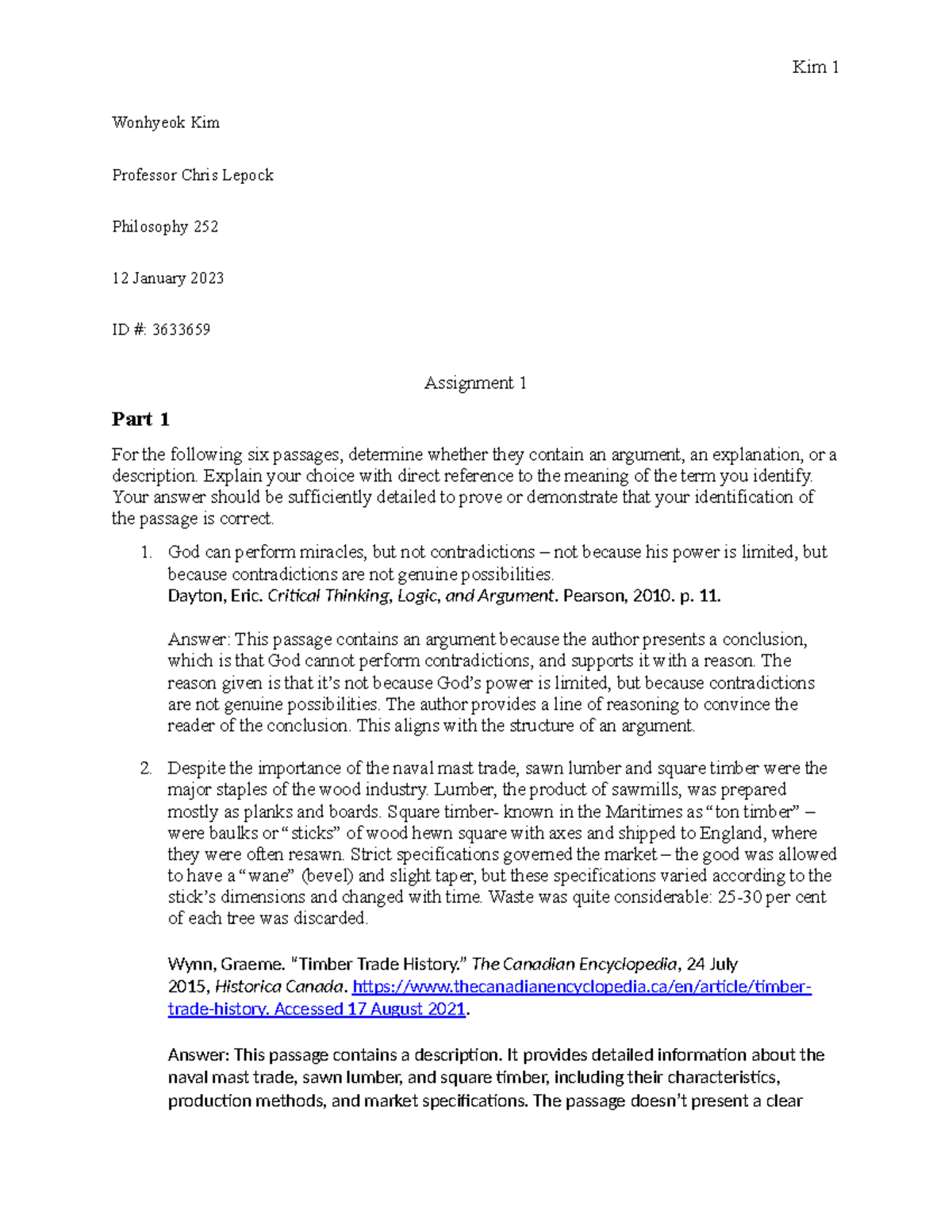 PHIL 252 Assignment #1 test - Wonhyeok Kim Professor Chris Lepock ...