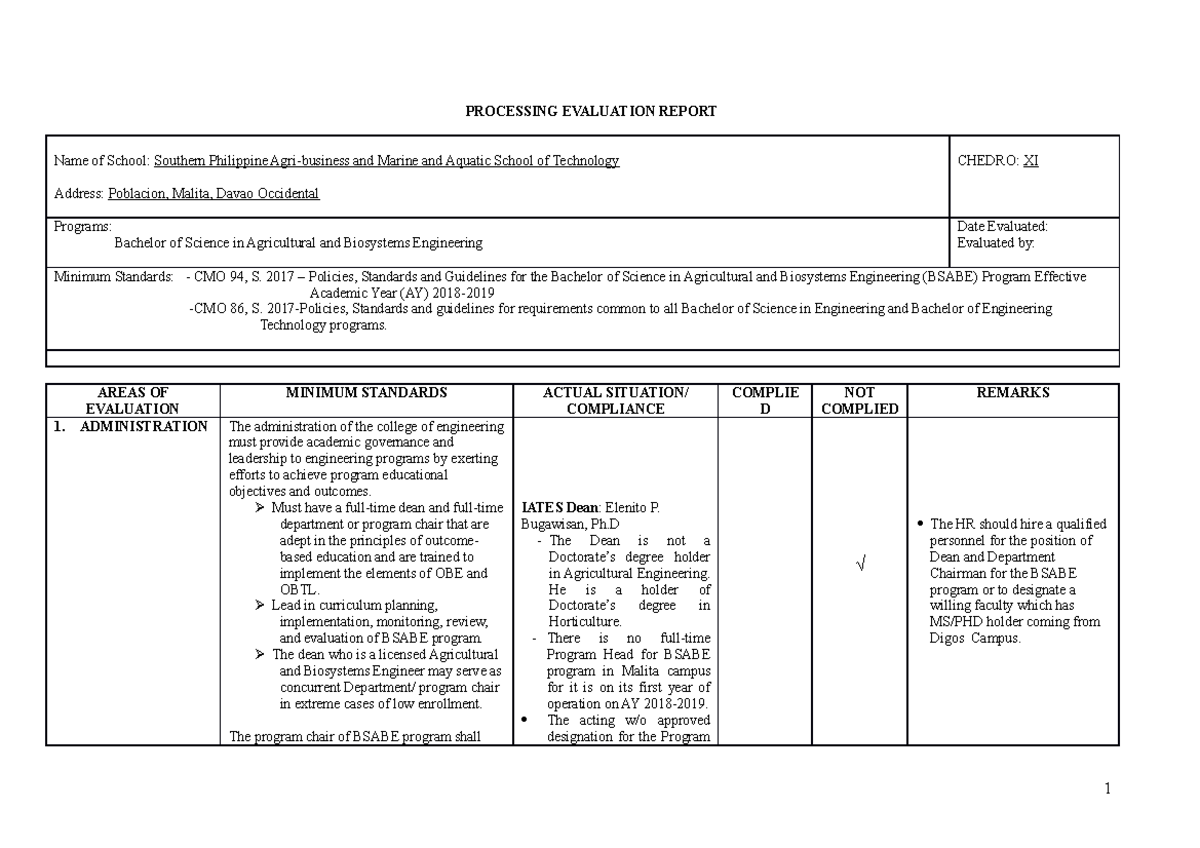 Processing Evaluation Report Processing Evaluation Report Name Of School Southern Philippine