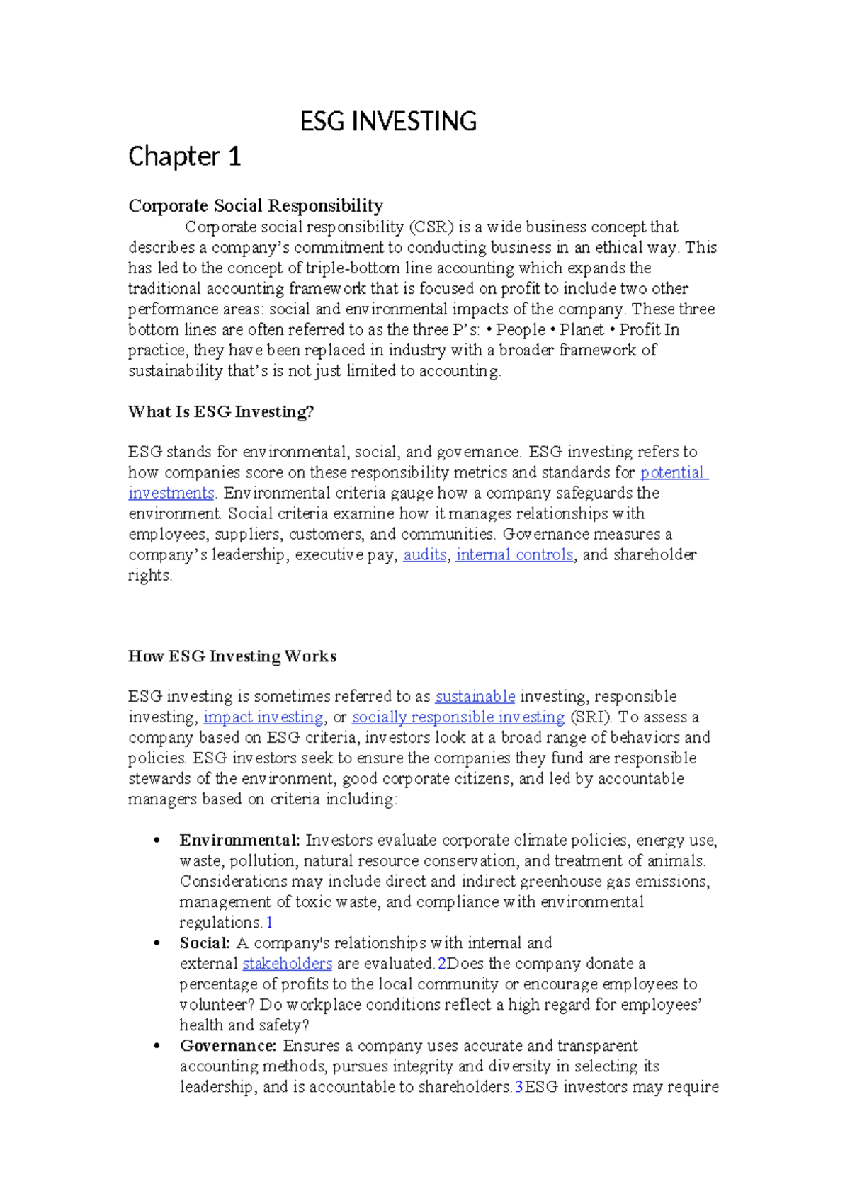 ESG Investing - ESG INVESTING Chapter 1 Corporate Social Responsibility ...