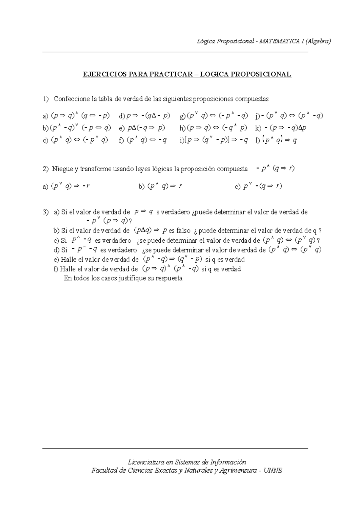 Logica Proposicional - Matematica 1 (Algebra) UNNE - Lógica ...