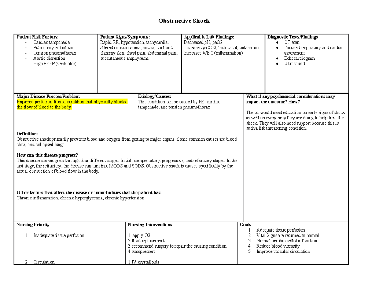 Obstructive Shock - Obstructive Shock Patient Risk Factors: - Cardiac ...