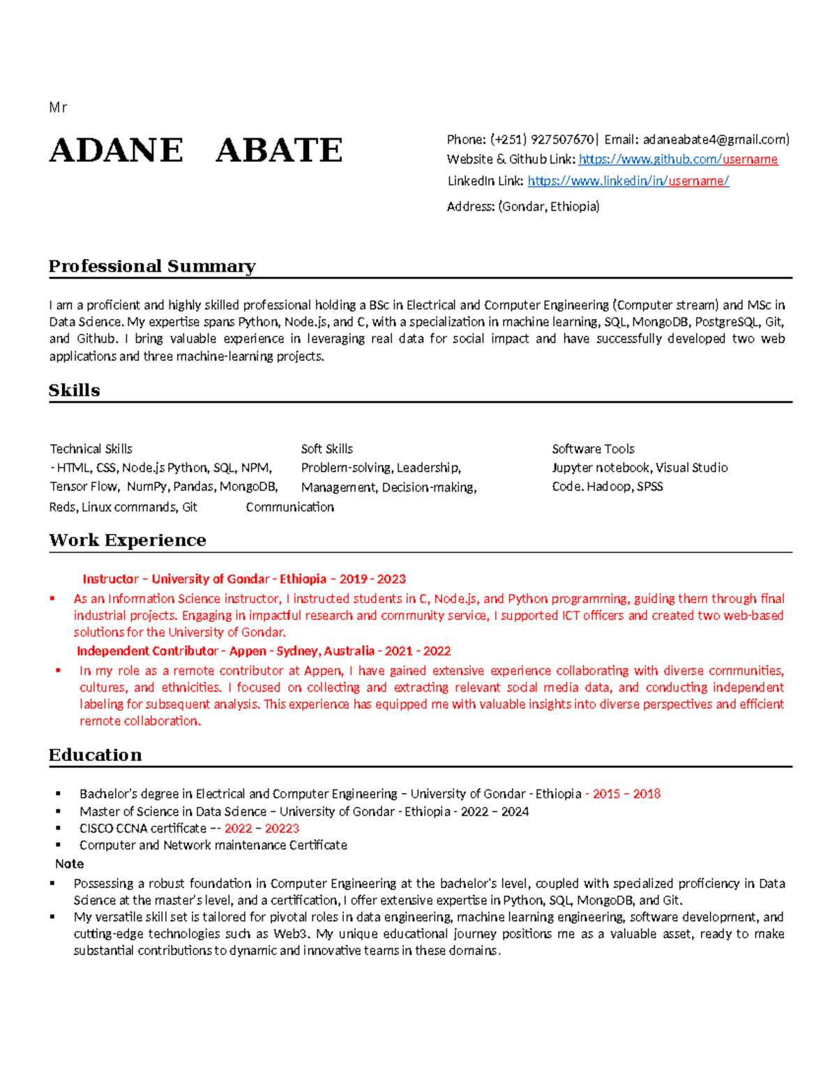 CV forv data enguneer - Mr ADANE ABATE Phone: (+251) 927507670| Email ...