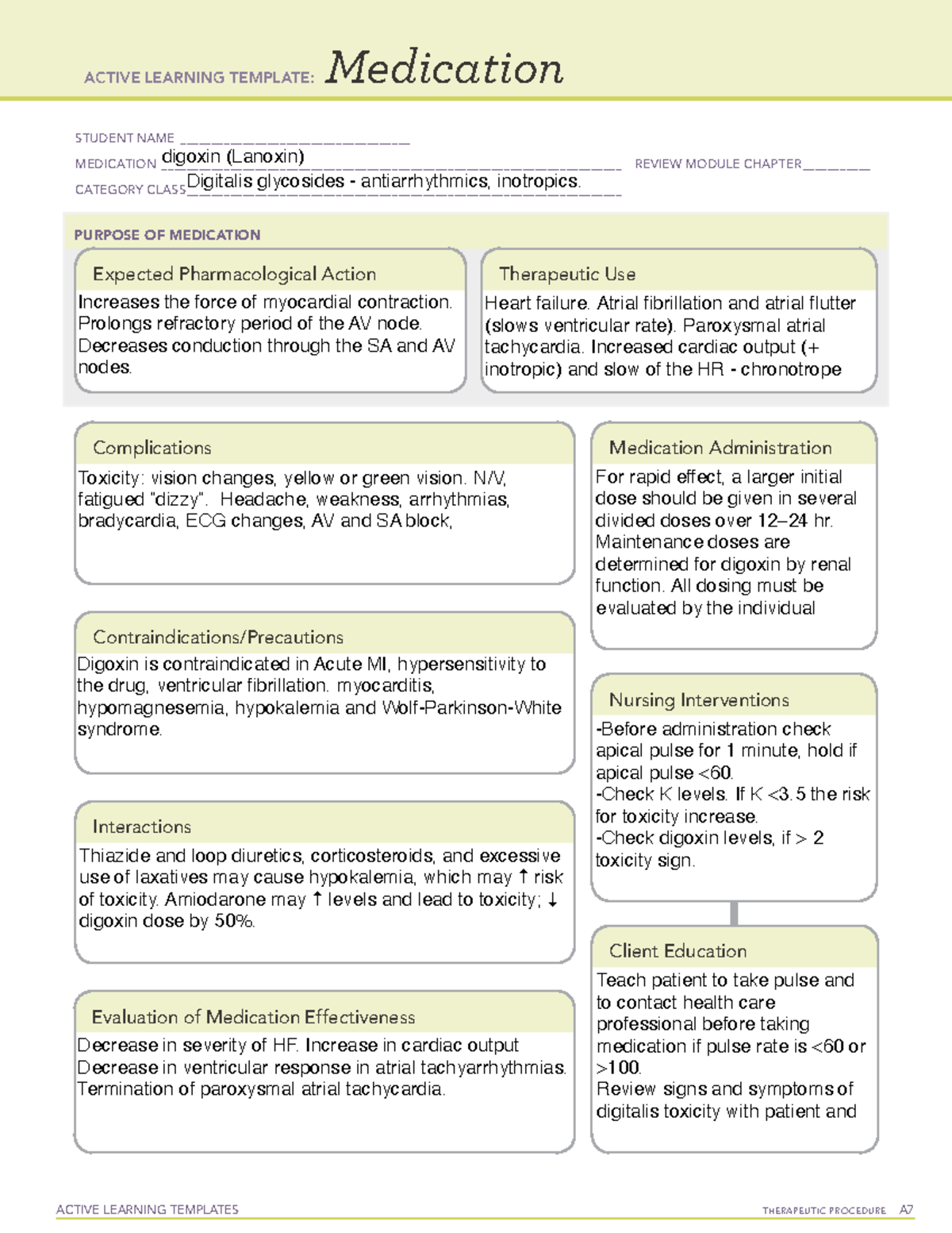 Medication digoxin - ACTIVE LEARNING TEMPLATES TherapeuTic procedure A ...