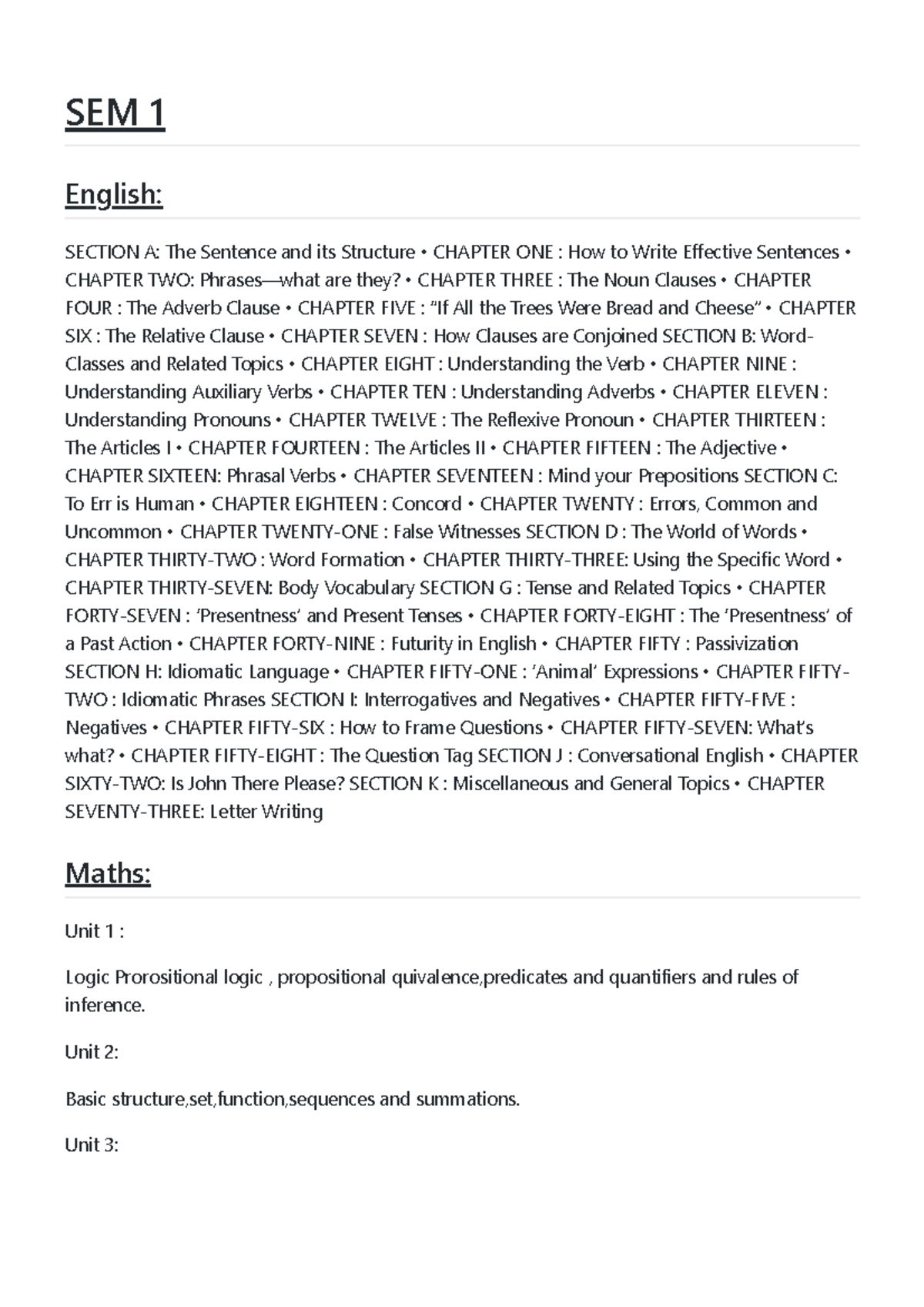 Syllabus - SEM 1 English: SECTION A: The Sentence and its Structure ...