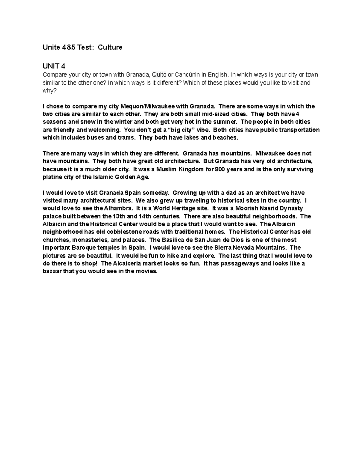 Unit 4 & 5 Test Culture - Unite 4&5 Test: Culture UNIT 4 Compare your ...